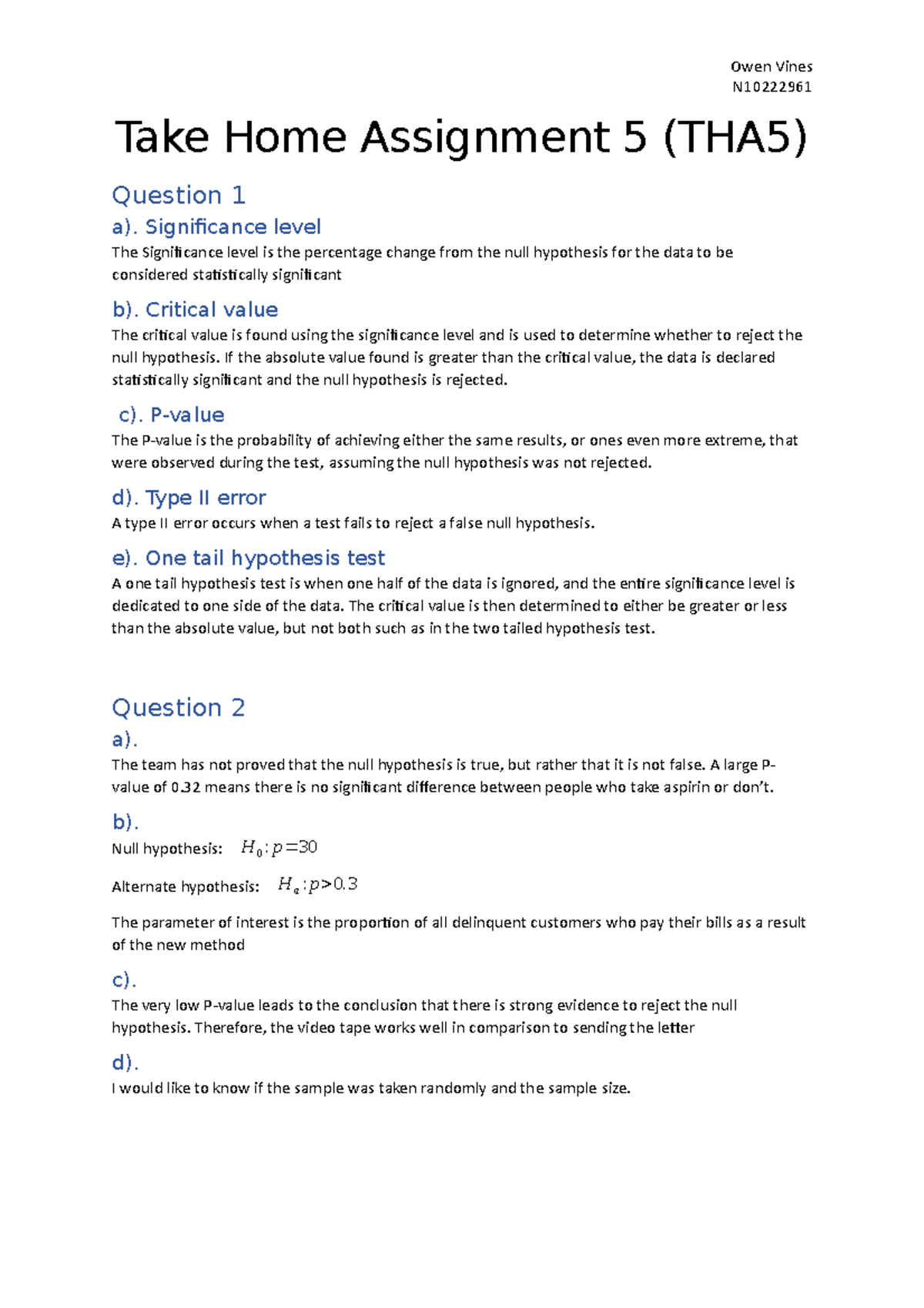 Take Home Assignment 5 - Owen Vines N Take Home Assignment 5 (THA5 ...