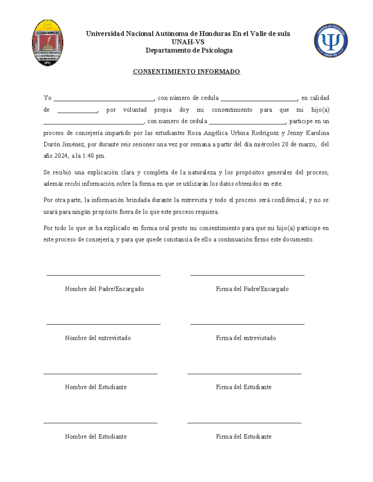 Formato de consentimiento padres - Universidad Nacional Autónoma de Honduras En el Valle de sula ...
