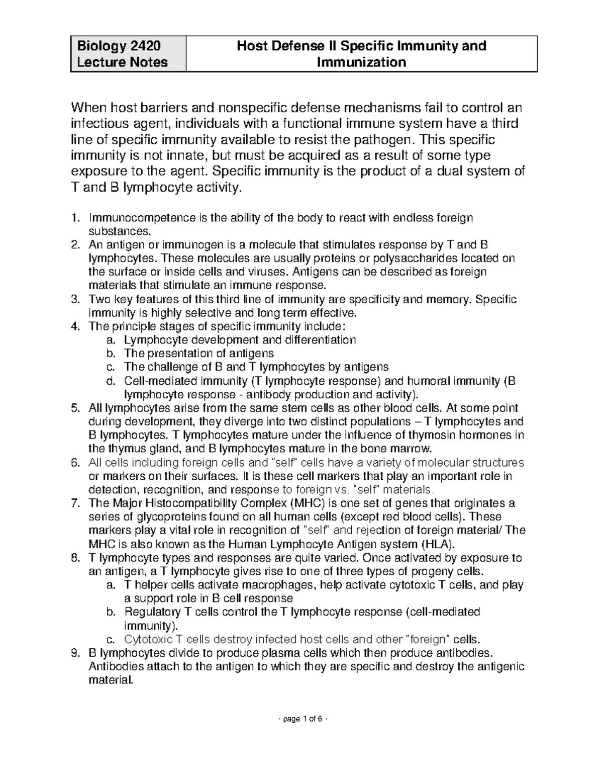 Biology 2420 (Lecture Notes) - Chapter 13 - Host Defense II Specific ...