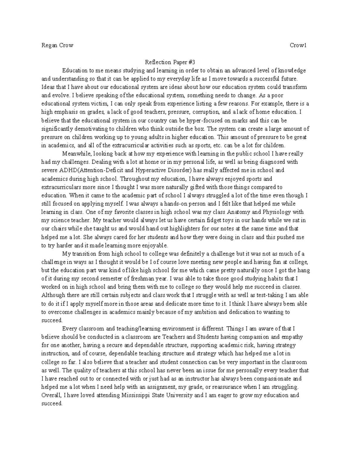 Reflection Paper #3 - SO-1003 - Regan Crow Crow Reflection Paper ...