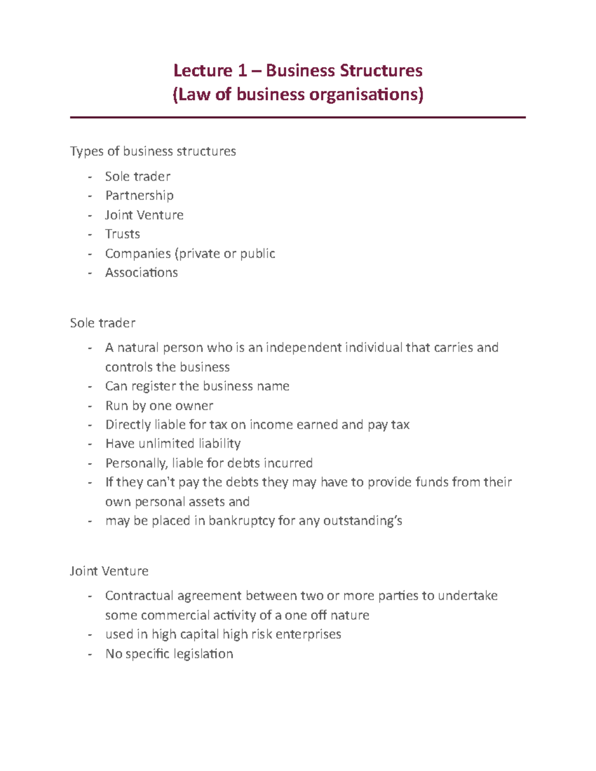 Lecture 1 – Business Structures - Lecture 1 – Business Structures (Law ...