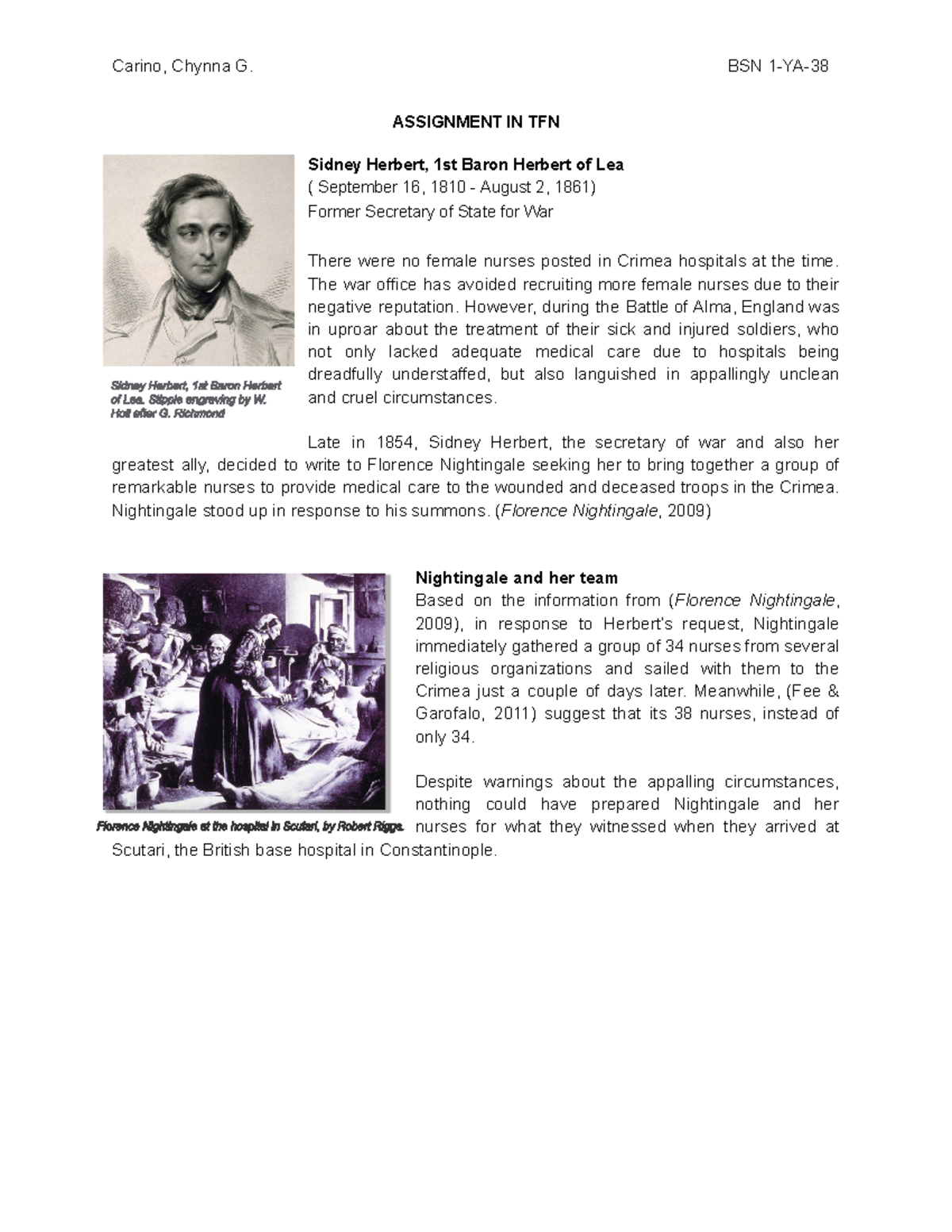Assignment IN TFN - Carino, Chynna G. BSN 1-YA- ASSIGNMENT IN TFN Sidney Herbert, 1st Baron ...