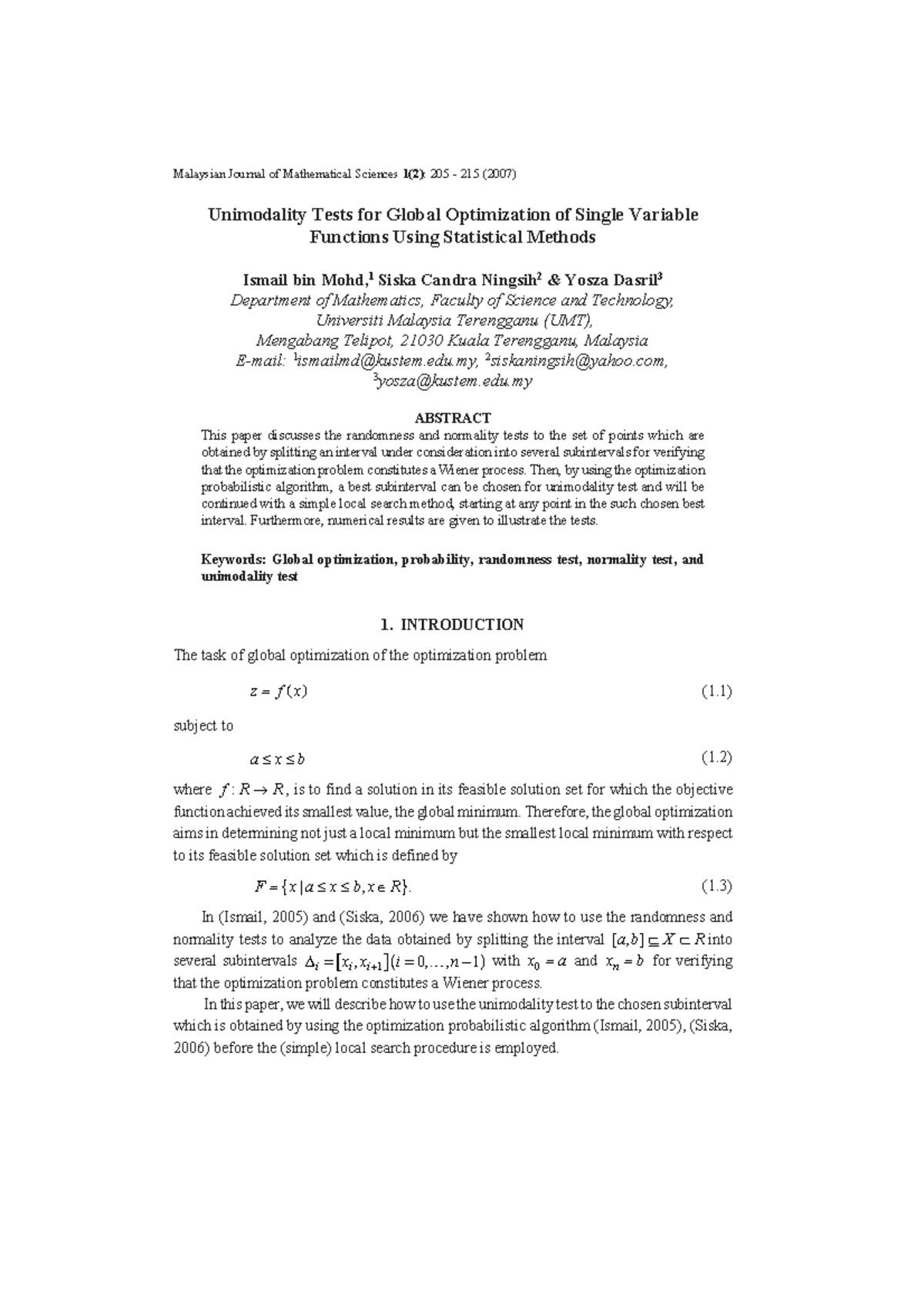 Unimodality Tests For Global Optimization Of Single Variable Functions Using Statistical Methods