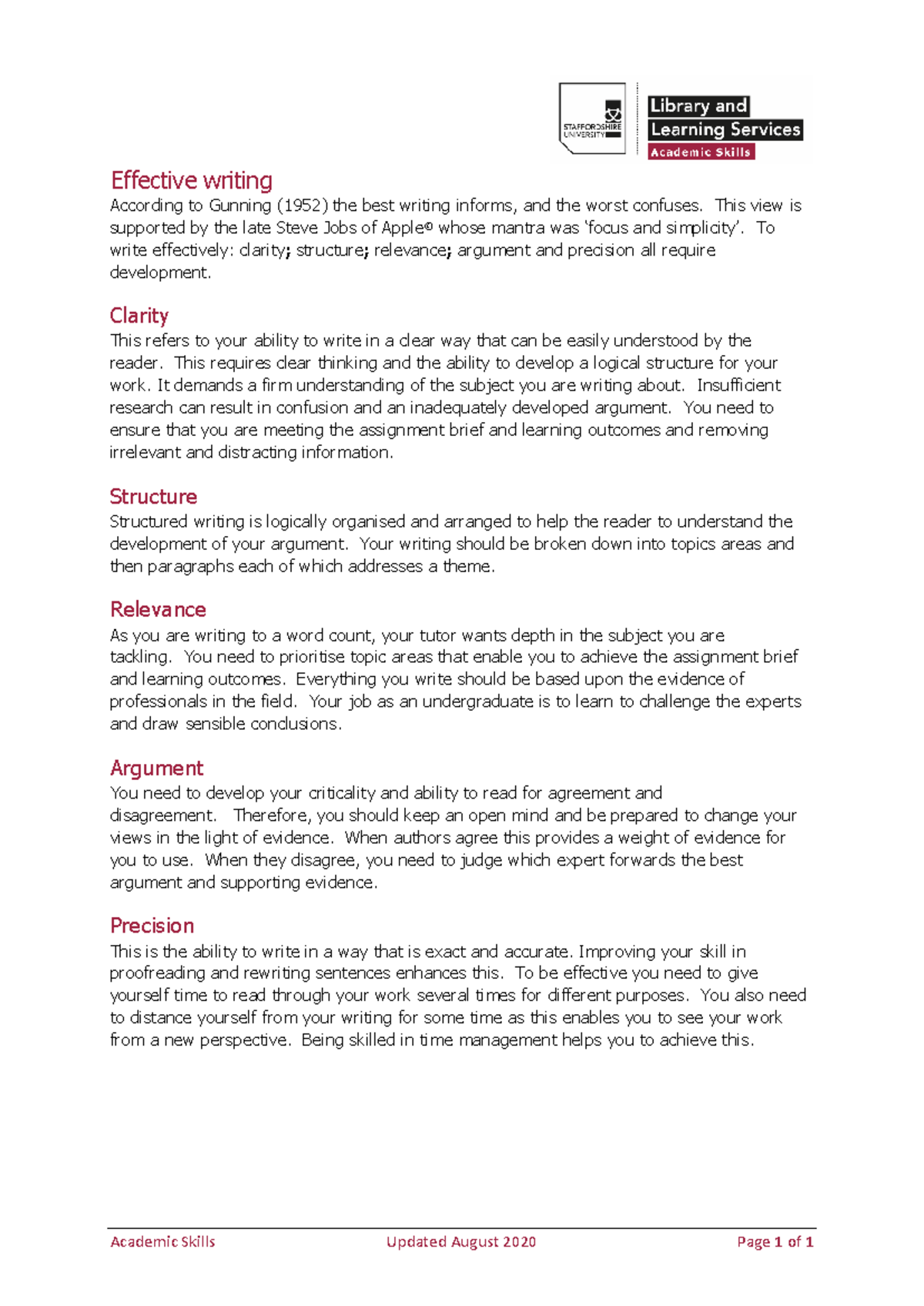 Effective writing - Academic Skills Updated August 2020 Page 1 of 1 ...