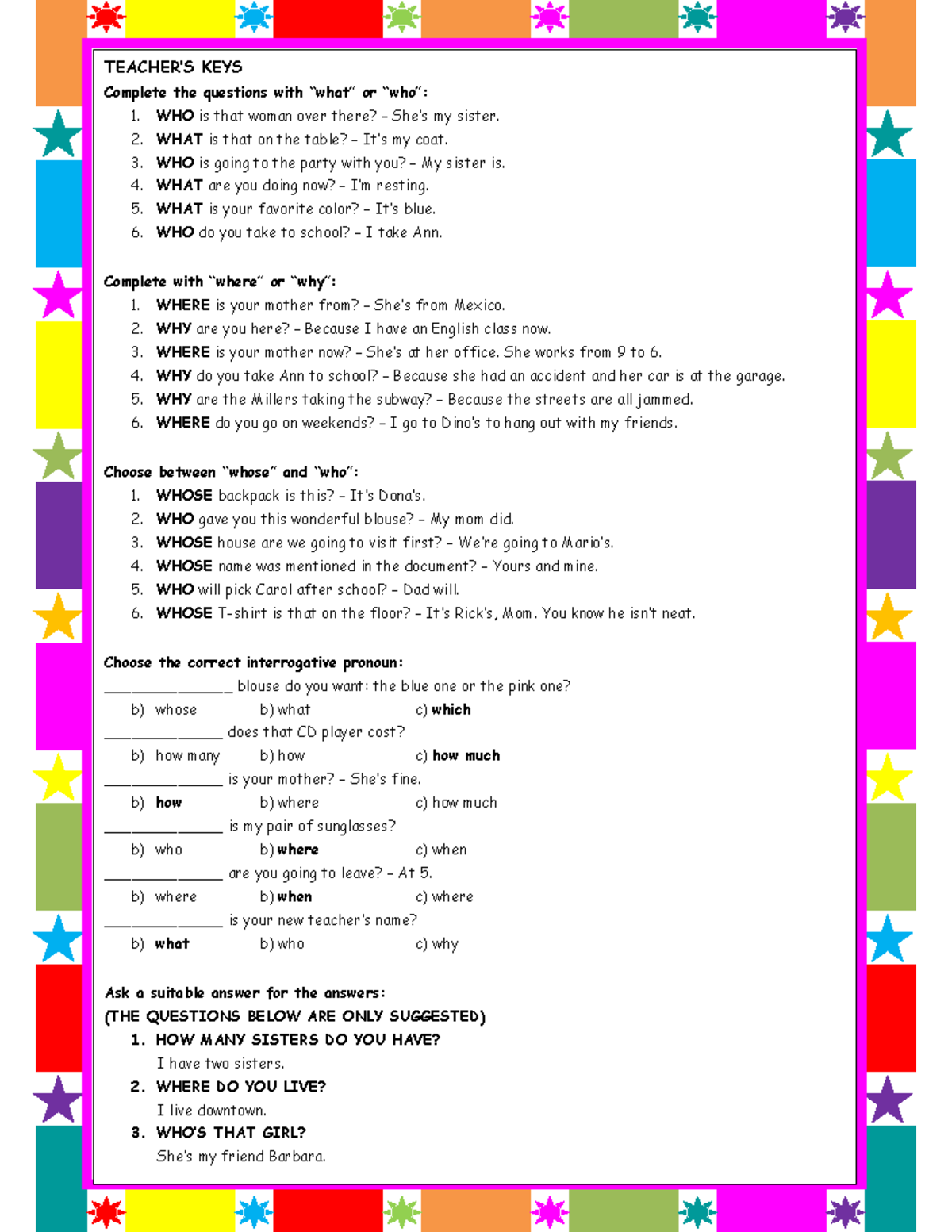 Wh Question Words and How Many [KEY] - TEACHER’S KEYS Complete the ...