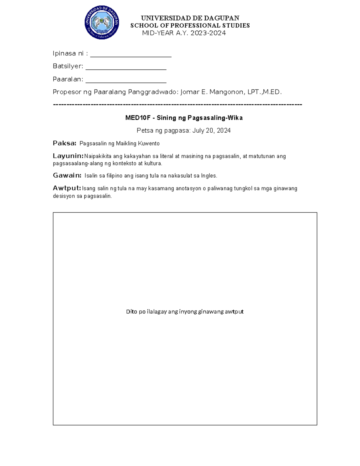 Template-ng-Awtput - template - UNIVERSIDAD DE DAGUPAN SCHOOL OF ...