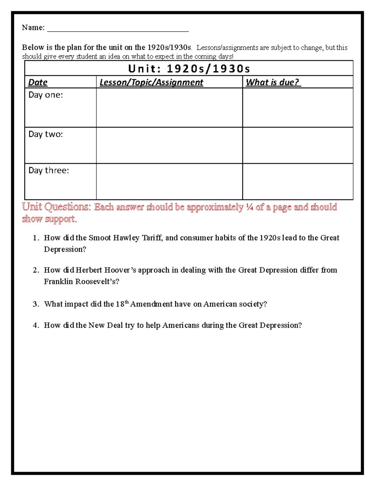 1920s and 1930s packet - Name: _________________________________ Below ...