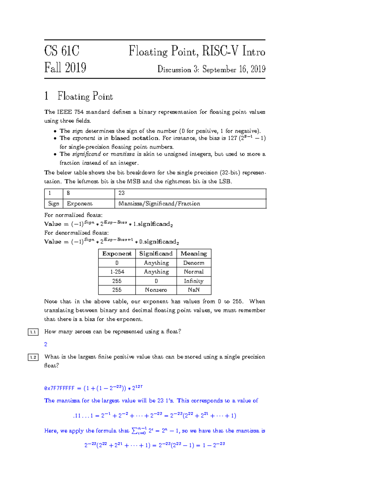Disc3sol - Discussion Answers - CS 61C Floating Point, RISC-V Intro Fall 2019 Discussion 3 ...