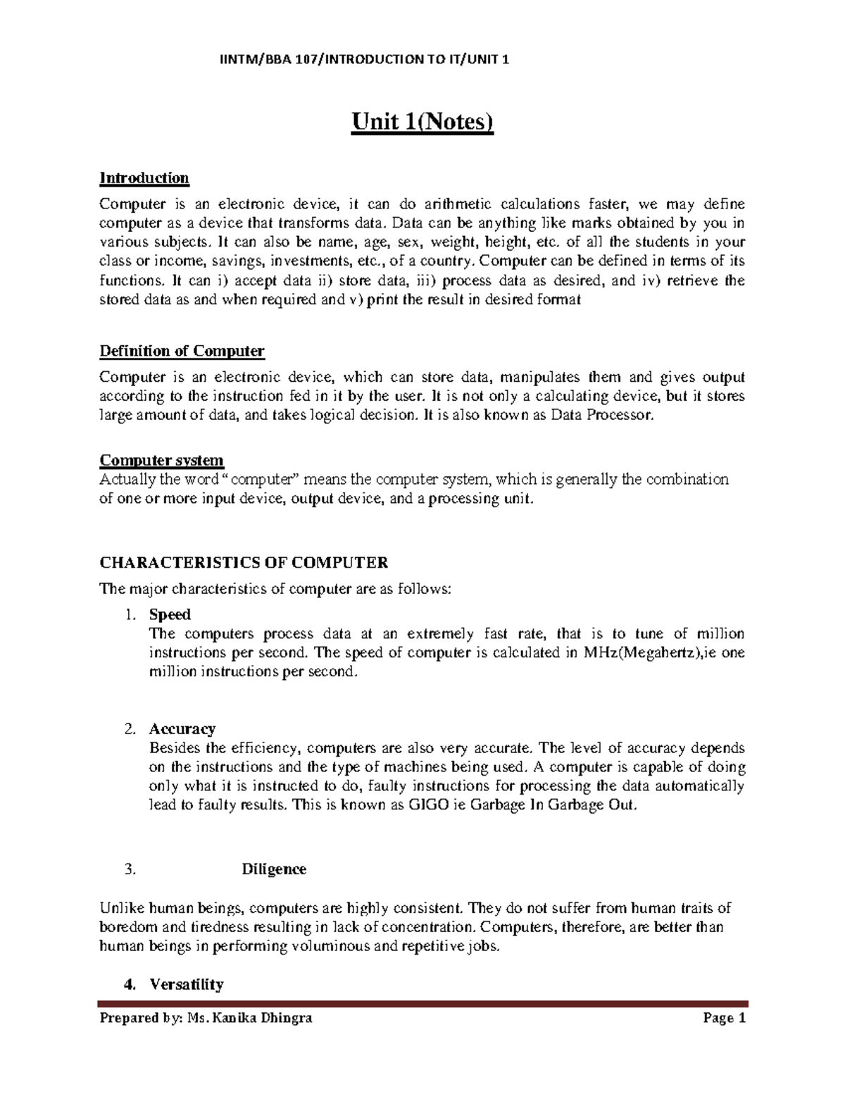 Unit 1 Notes - IINTM/BBA 107/INTRODUCTION TO IT/UNIT 1 Unit 1(Notes ...