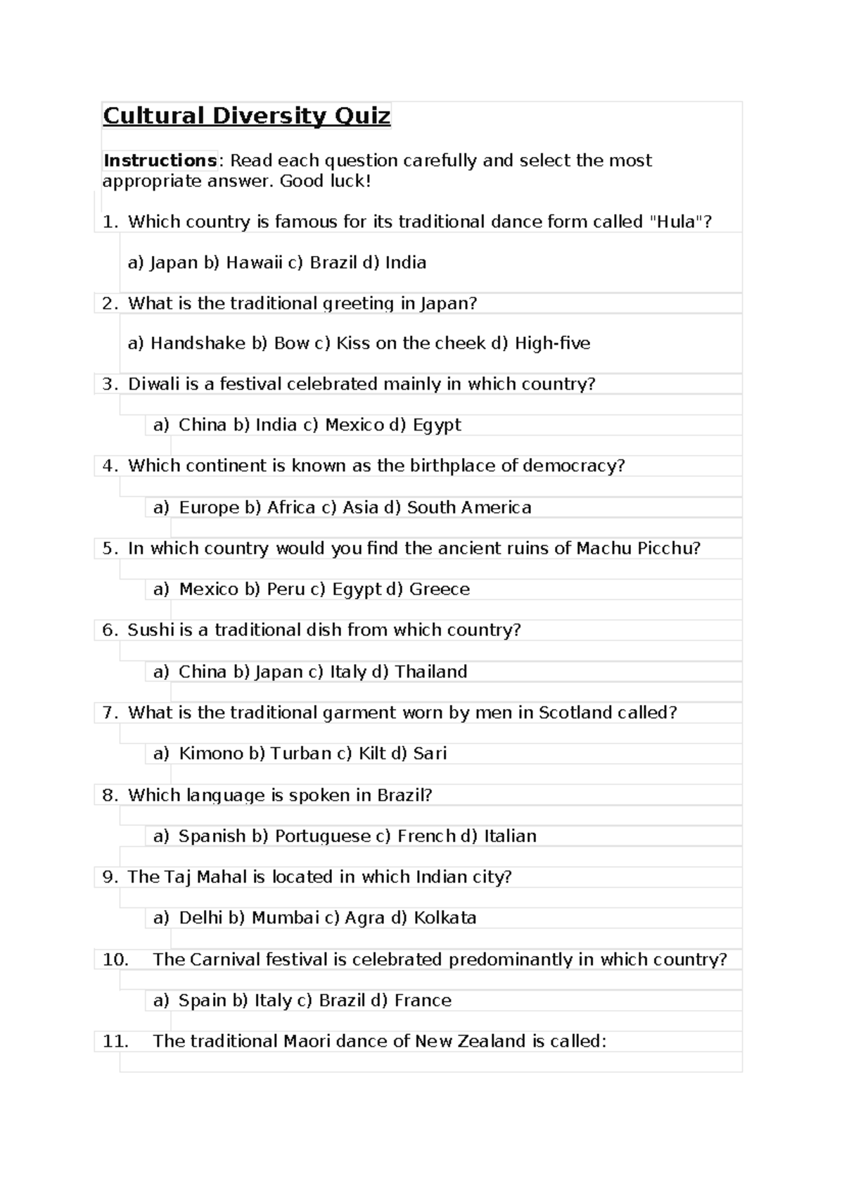 Culture Quiz 2024 - n/a. - Cultural Diversity Quiz Instructions: Read ...