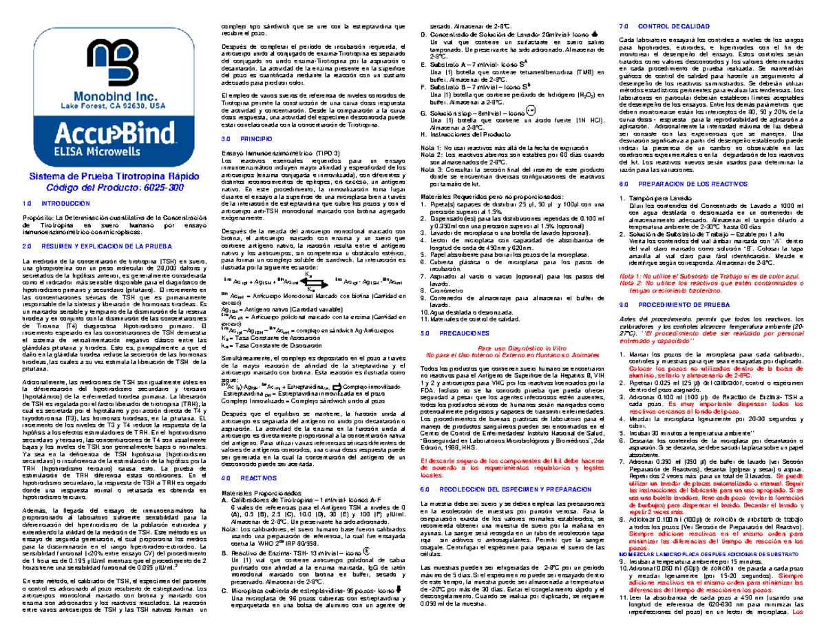 Inserto-Monobind-TSH-Rápido-Accu Bind- Elisa-6025-300 - Sistema de Prueba Tirotropina Rápido ...