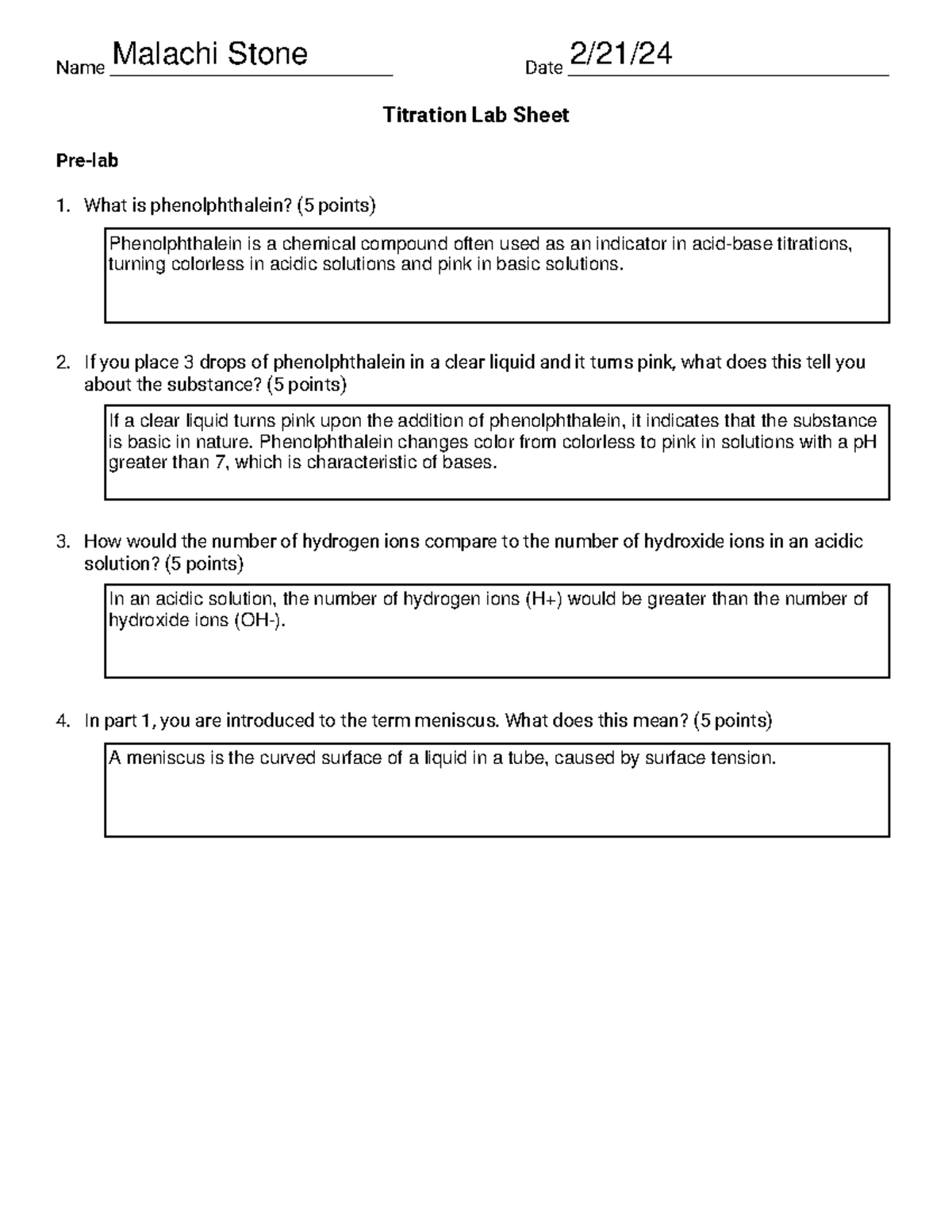 Malachi Stone Titration+Lab+v2 - Name Date Titration Lab Sheet Pre-lab ...