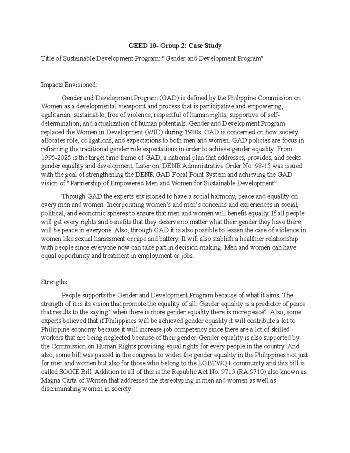 GEED 10- Case study - GEED 10- Group 2: Case Study Title of Sustainable ...