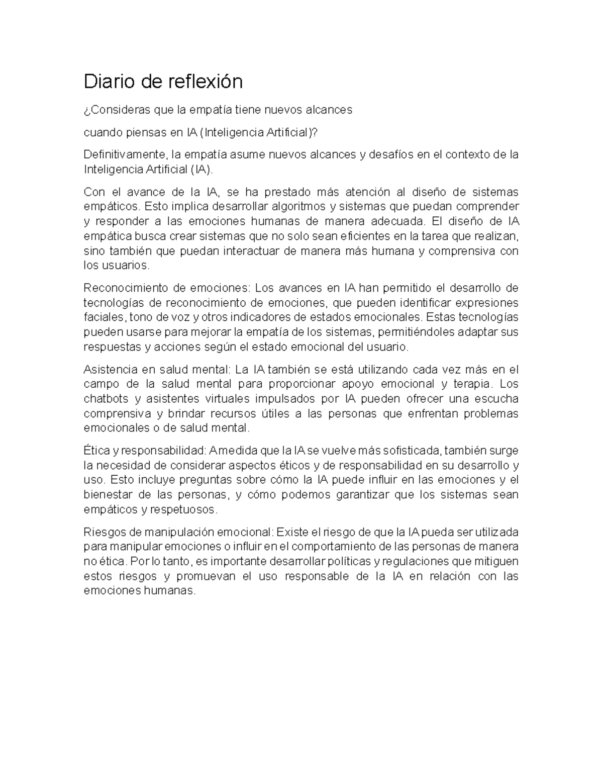 Diario de reflexion dos - Diario de reflexión ¿Consideras que la empatía tiene nuevos alcances ...