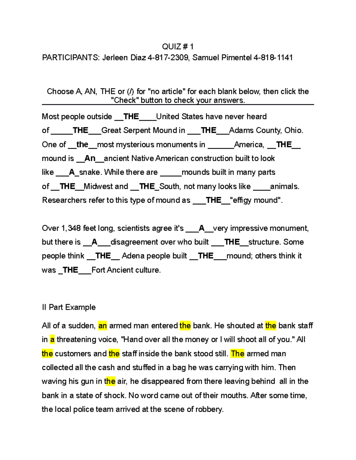 QUIZ Articles - quiz - QUIZ # 1 PARTICIPANTS: Jerleen Diaz 4-817-2309 ...