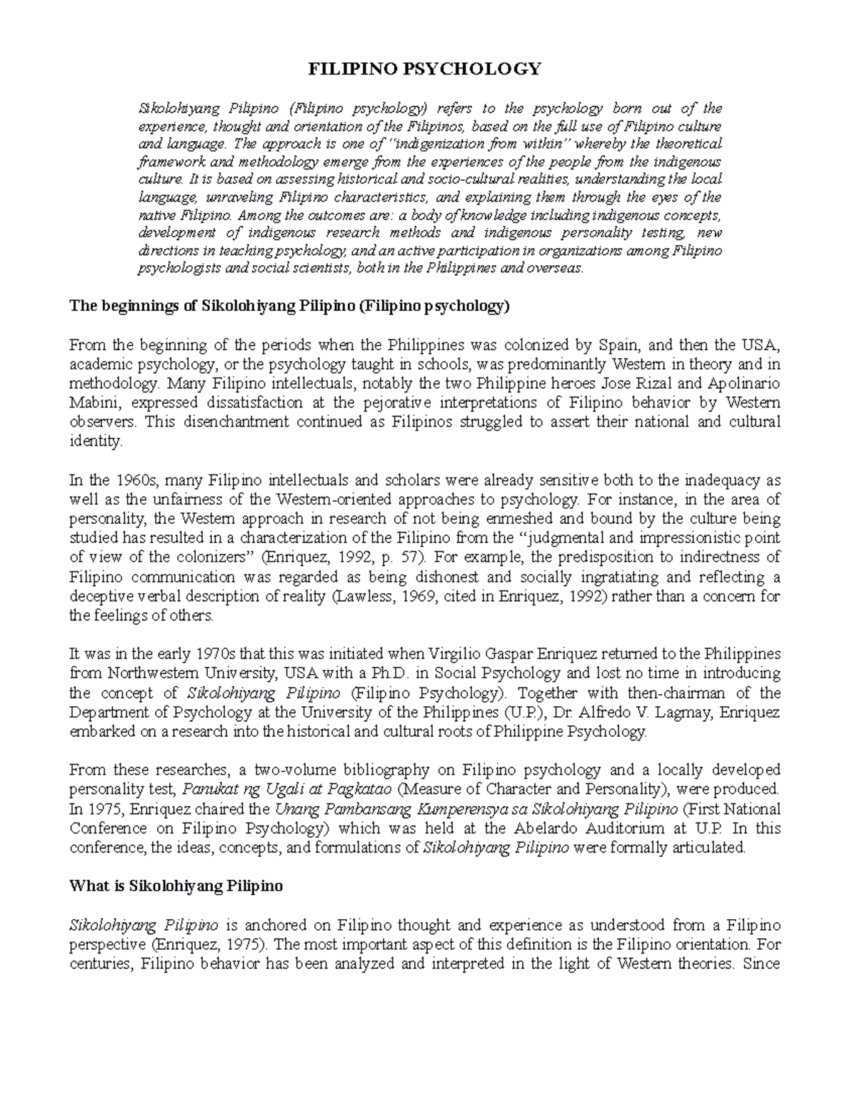 Intro to Siko Pil - FILIPINO PSYCHOLOGY Sikolohiyang Pilipino (Filipino ...