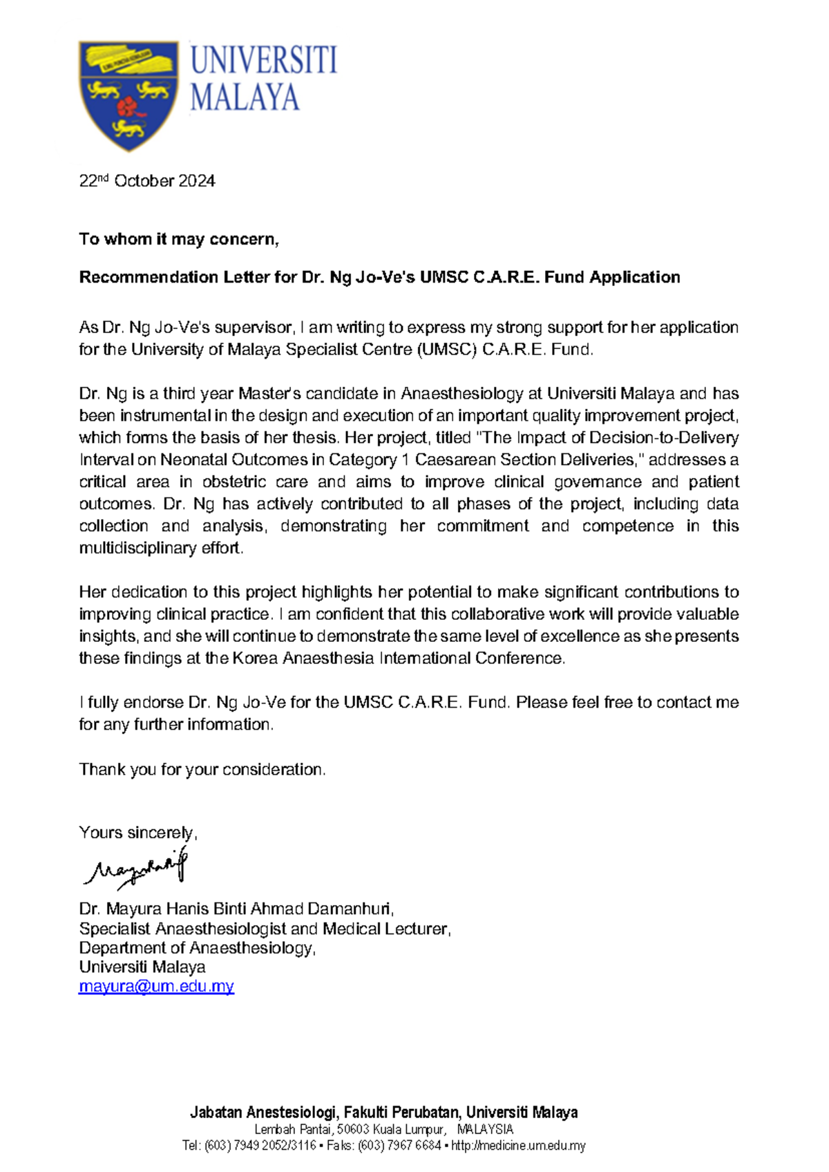 UMSC CARE Fund Ng Jo-Ve Letter of Recommendation from Supervisor ...