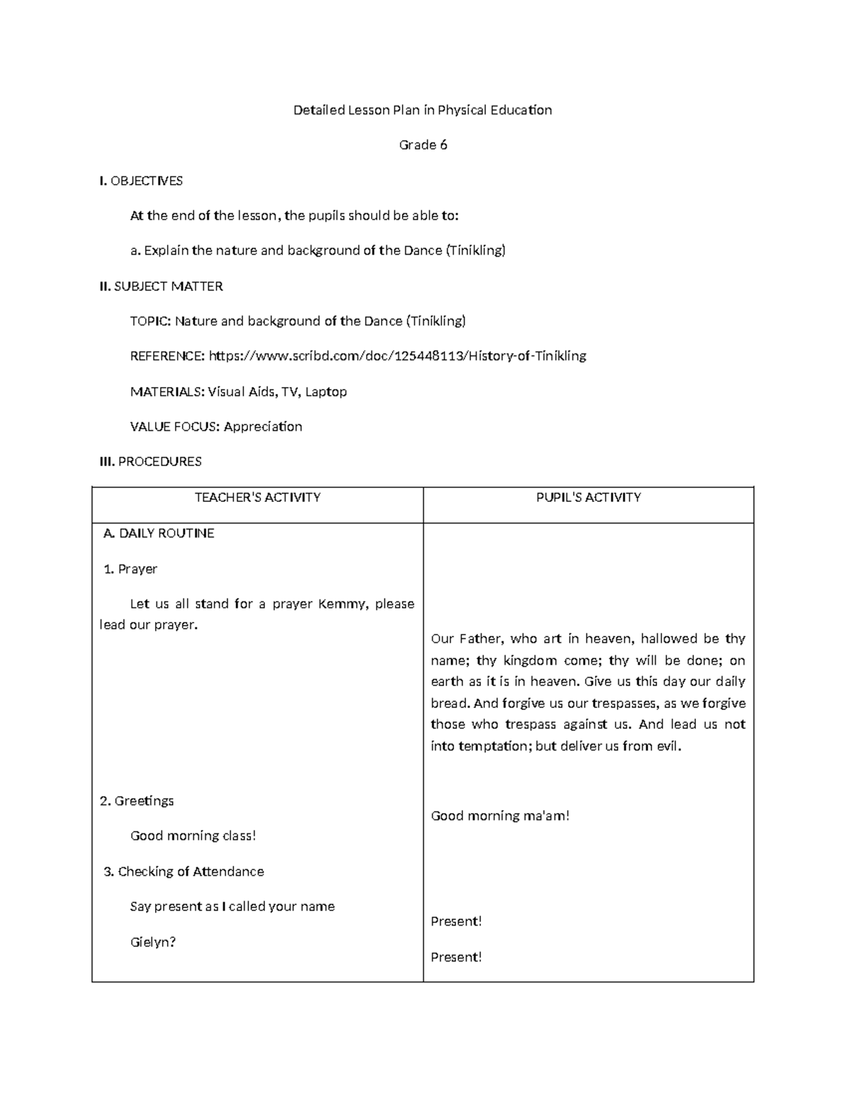 Detailed LP in P - please - Detailed Lesson Plan in Physical Education ...