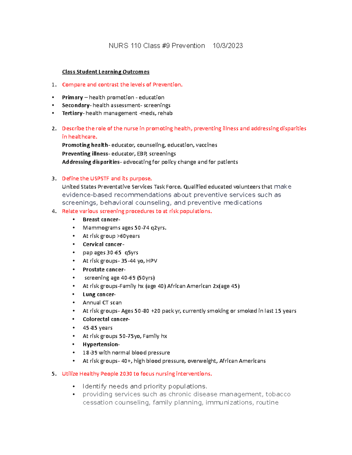 Class 9 - Study Guide - NURS 110 Class #9 Prevention 10/3/ Class ...