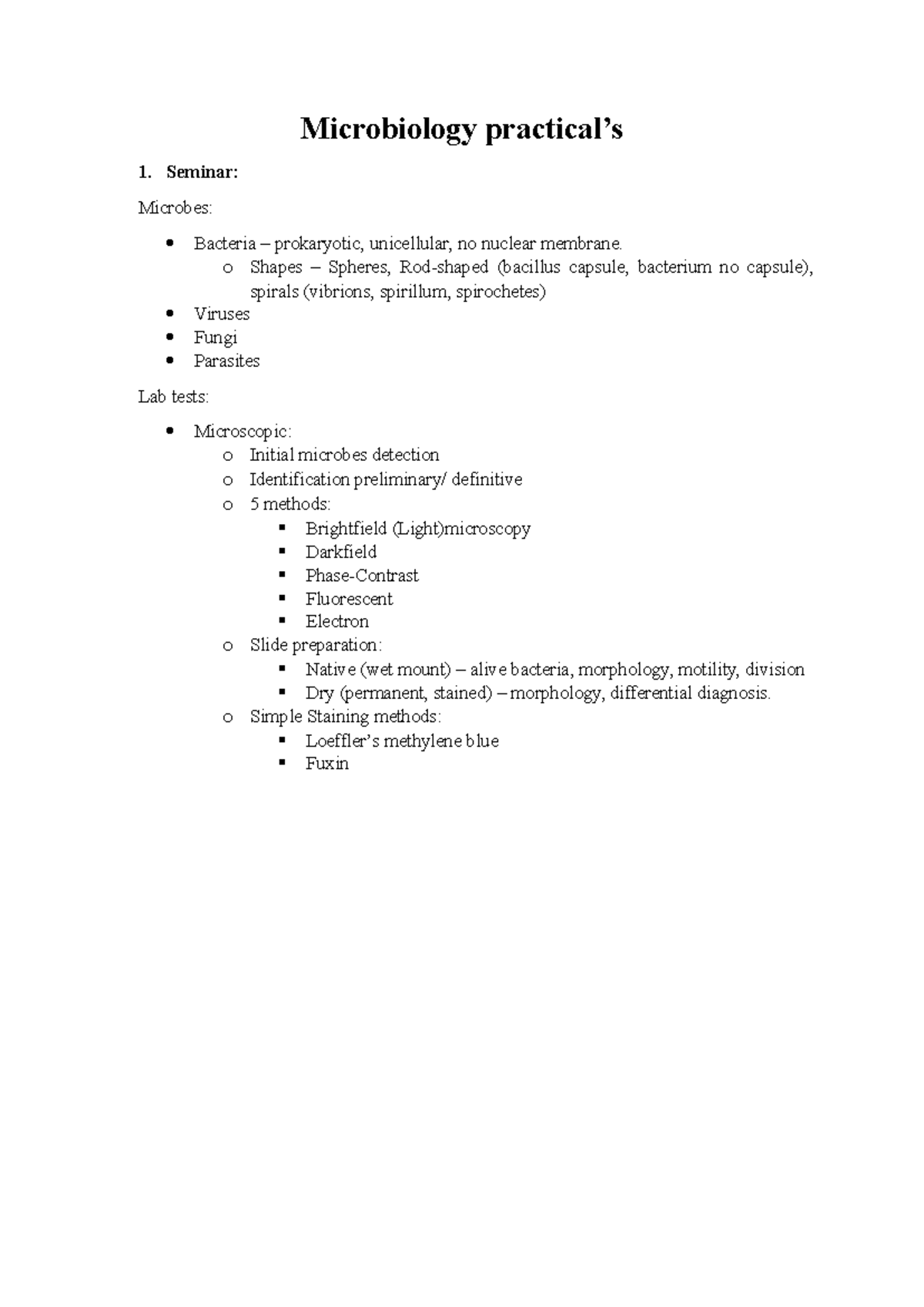 Microbiology practical - Microbiology practical’s 1. Seminar: Microbes ...
