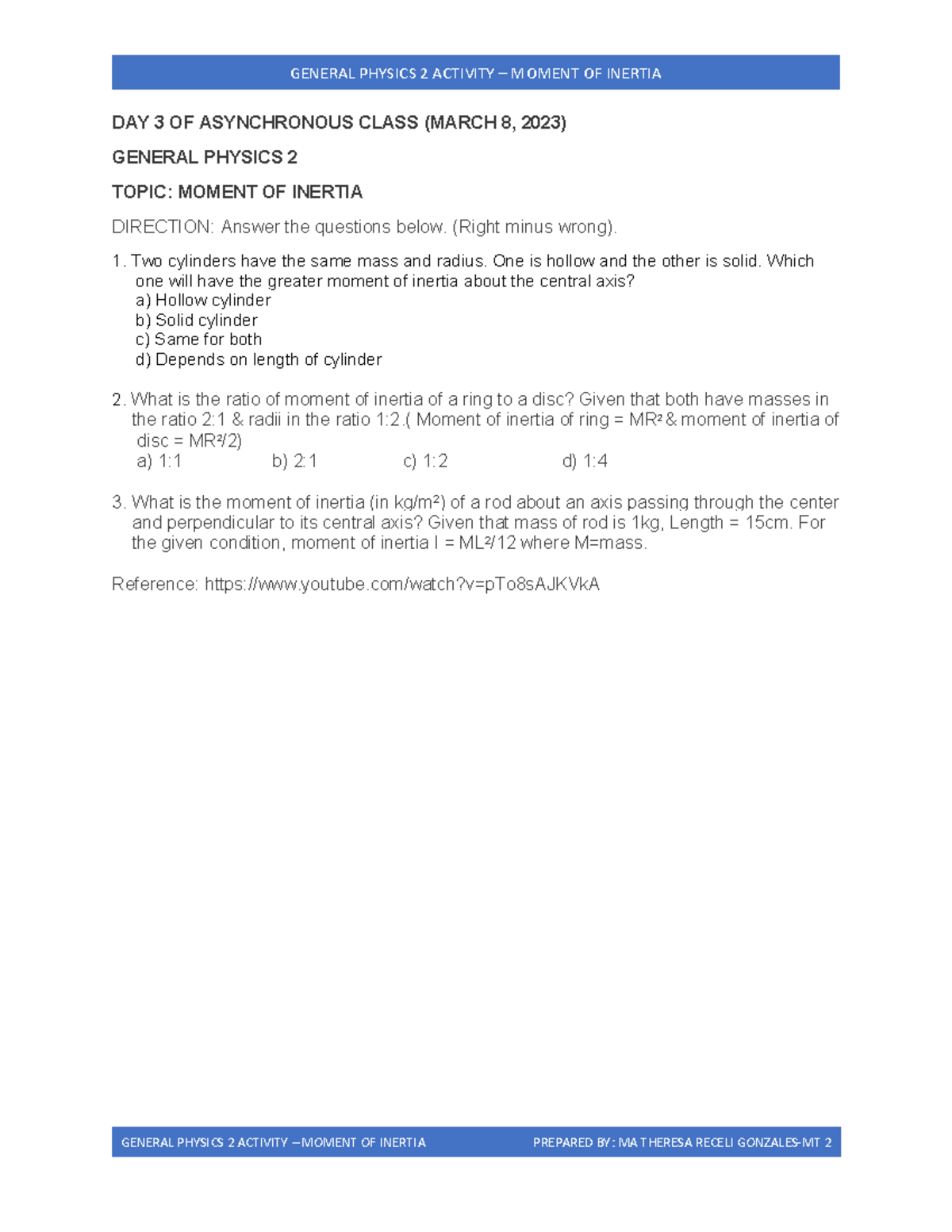 DAY 3 OF Asynchronous Class in General P6 - GENERAL PHYSICS 2 ACTIVITY ...