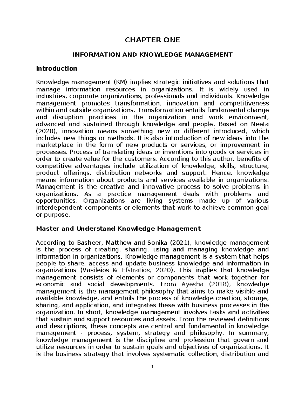 CIS 3204 Lecture 1 Information & Knowledge Management - CHAPTER ONE INFORMATION AND KNOWLEDGE ...
