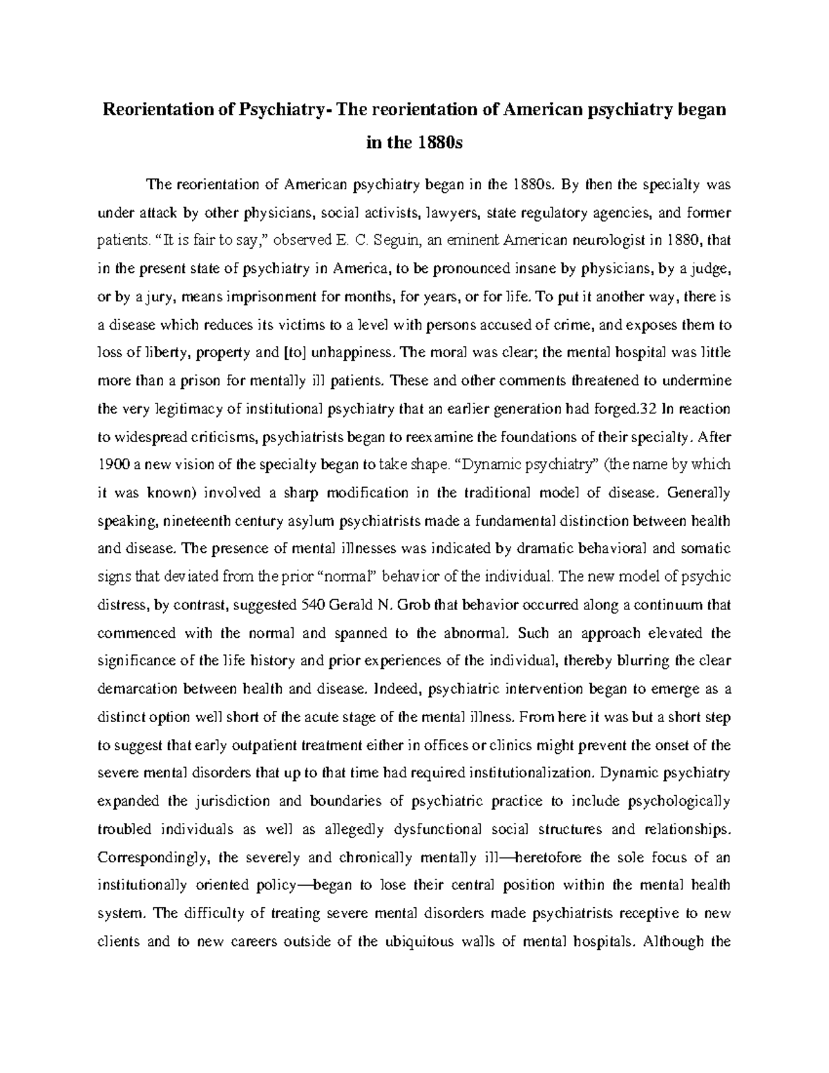 Reorientation of Psychiatry The reorientation of American psychiatry ...