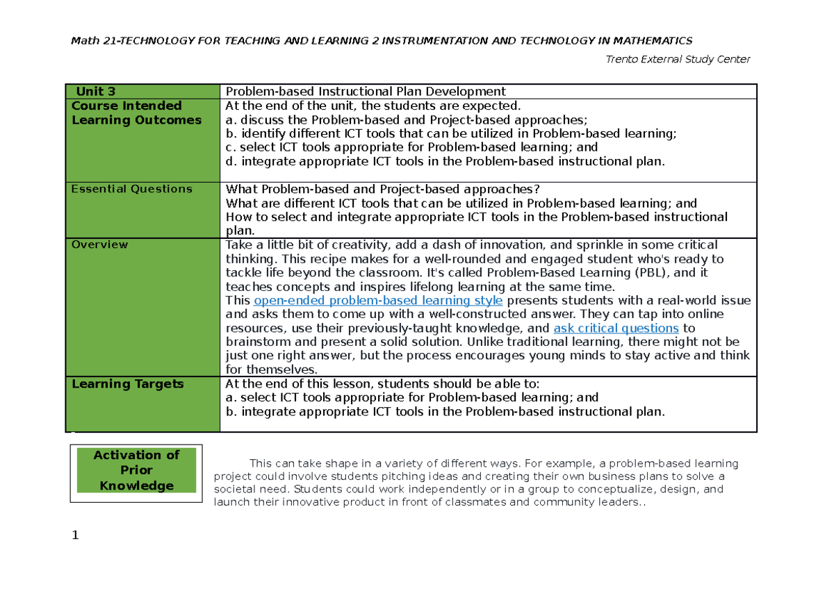 Math 21 CLP Unit 4 - Learning Materials - Trento External Study Center Unit 3 Problem-based ...