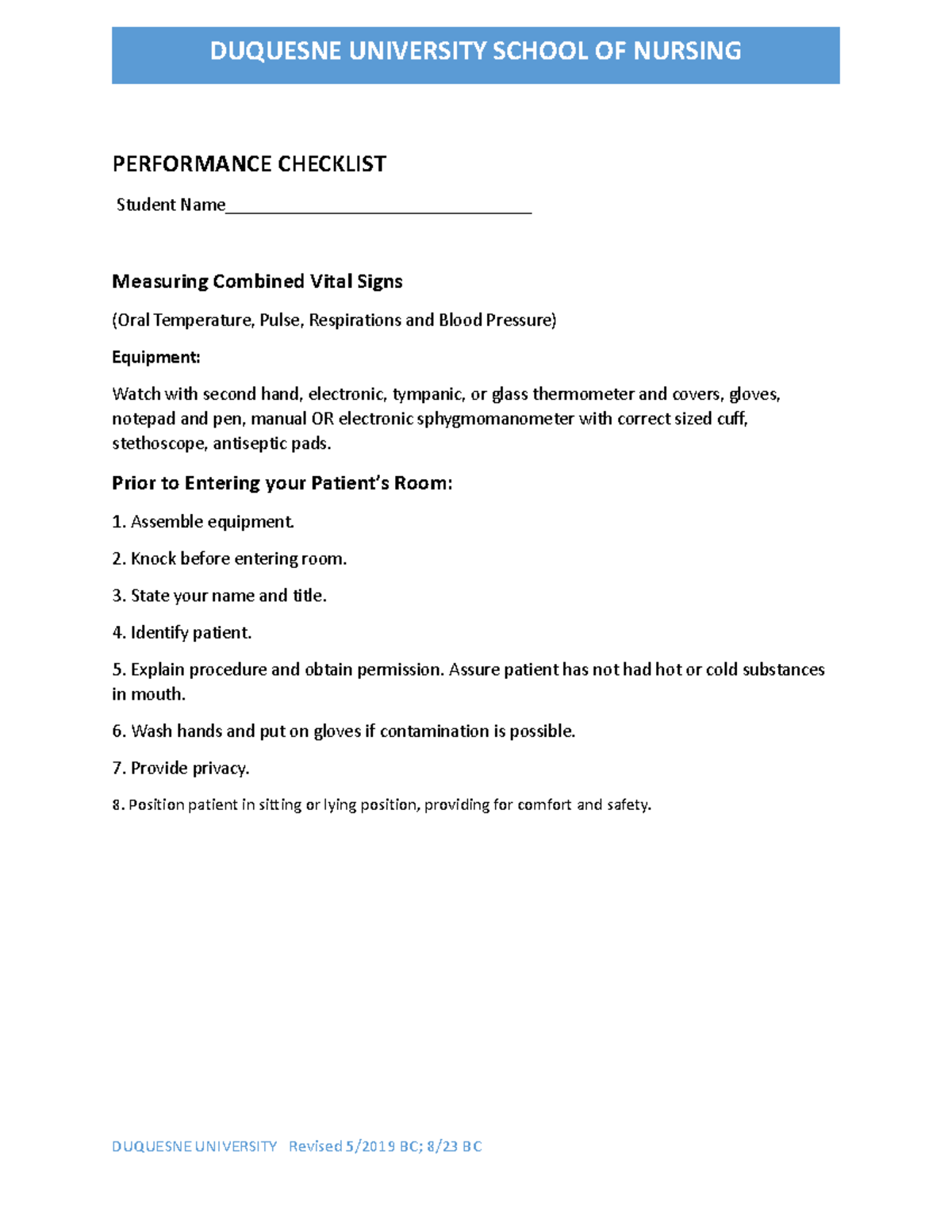 Performance Checklist Obtaining Vital Signs Updated 8-2023 ...