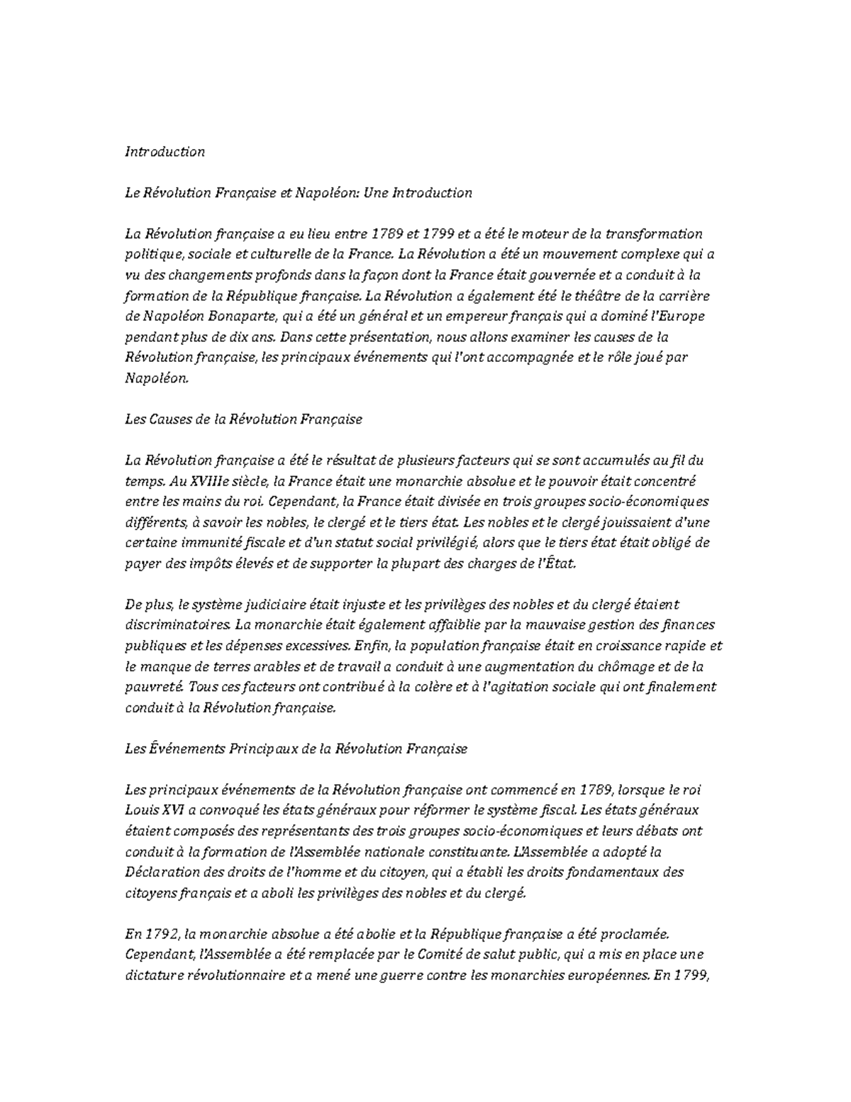 The French Revolution and Napoleon Notes de cours - Introduction Le ...