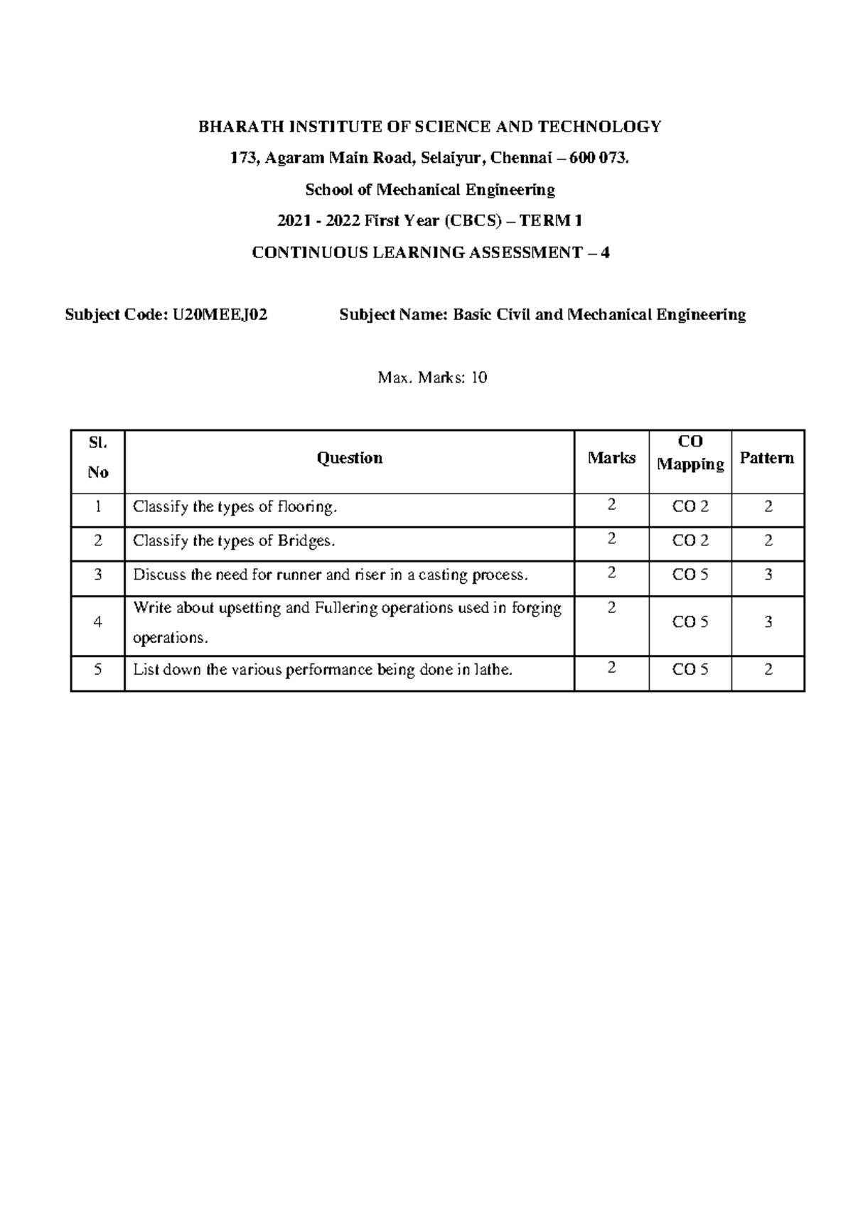 CLA 4 BCME-1 - CLA4 - BHARATH INSTITUTE OF SCIENCE AND TECHNOLOGY 173, Agaram Main Road ...