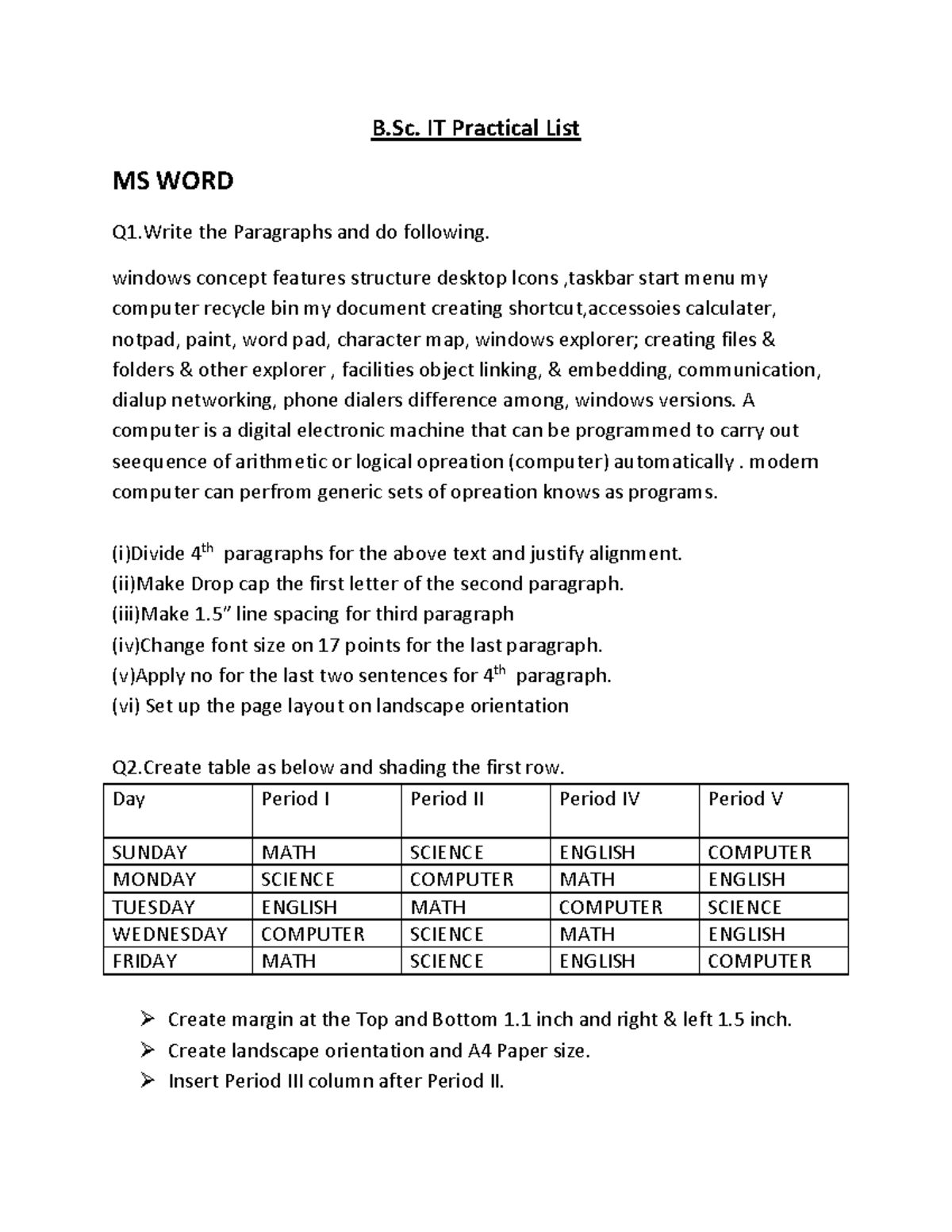 Bsc it 165practical word - B. IT Practical List MS WORD Q1 the ...