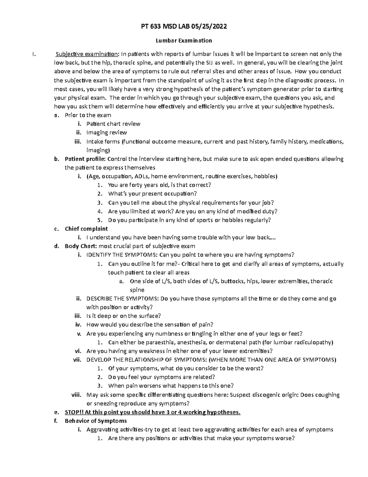 Lumbar Spine Exam Lab - PT 633 MSD LAB 05/25/ Lumbar Examination I ...