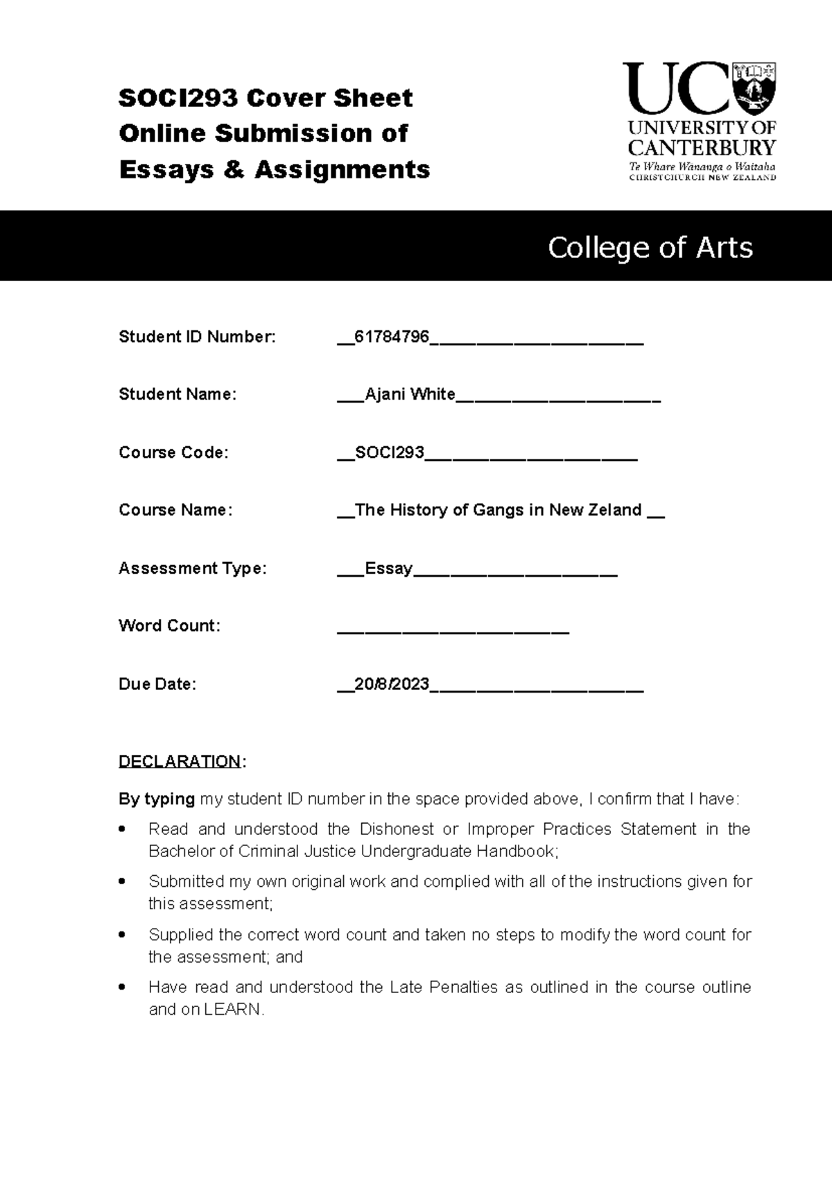 61784796 Essay 2 Final - SOCI293 Cover Sheet Online Submission of ...