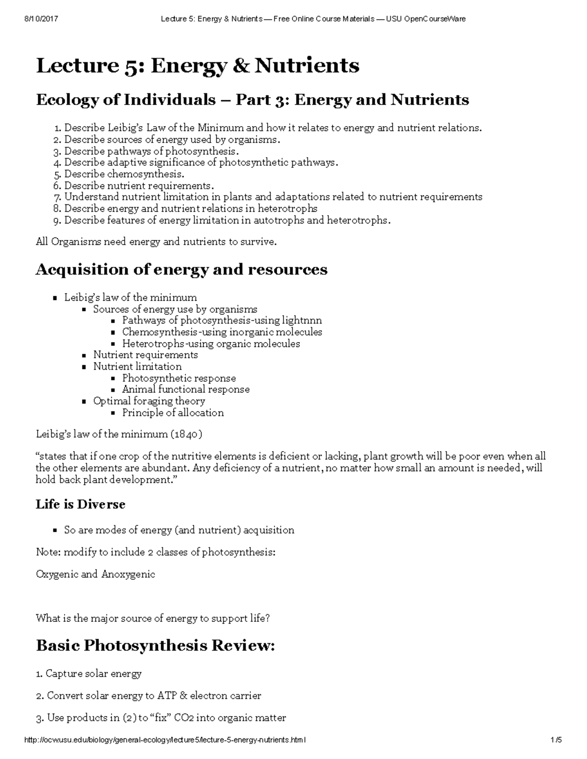 Lecture 5 energy and nutrients - Lecture 5: Energy & Nutrients Ecology ...