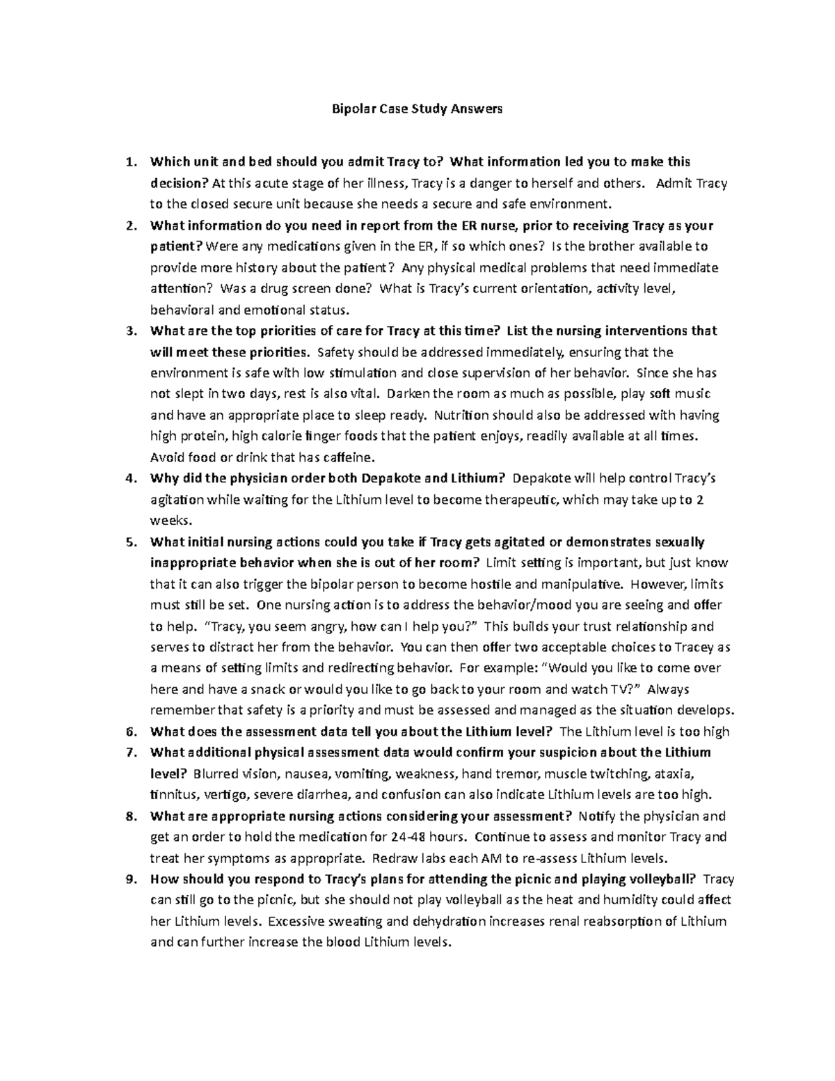 Bipolar case study answers-1 - Bipolar Case Study Answers 1. Which unit ...