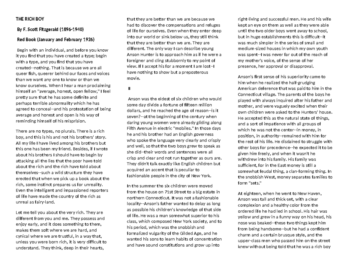 The Rich Boy Short Story - THE RICH BOY By F. Scott Fitzgerald (1896 ...