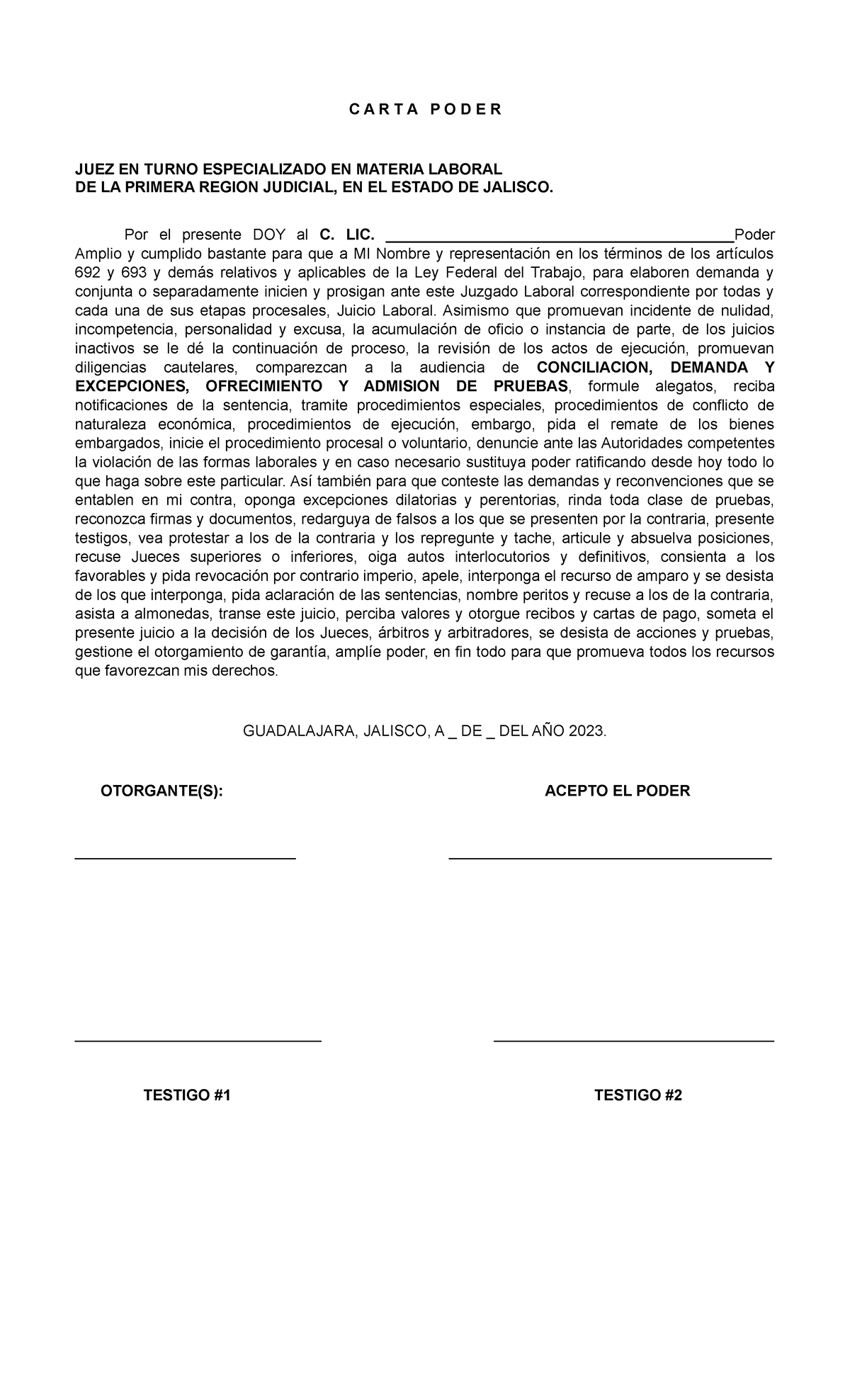 Carta Poder PARA Juicio Laboral - C A R T A P O D E R JUEZ EN TURNO ...