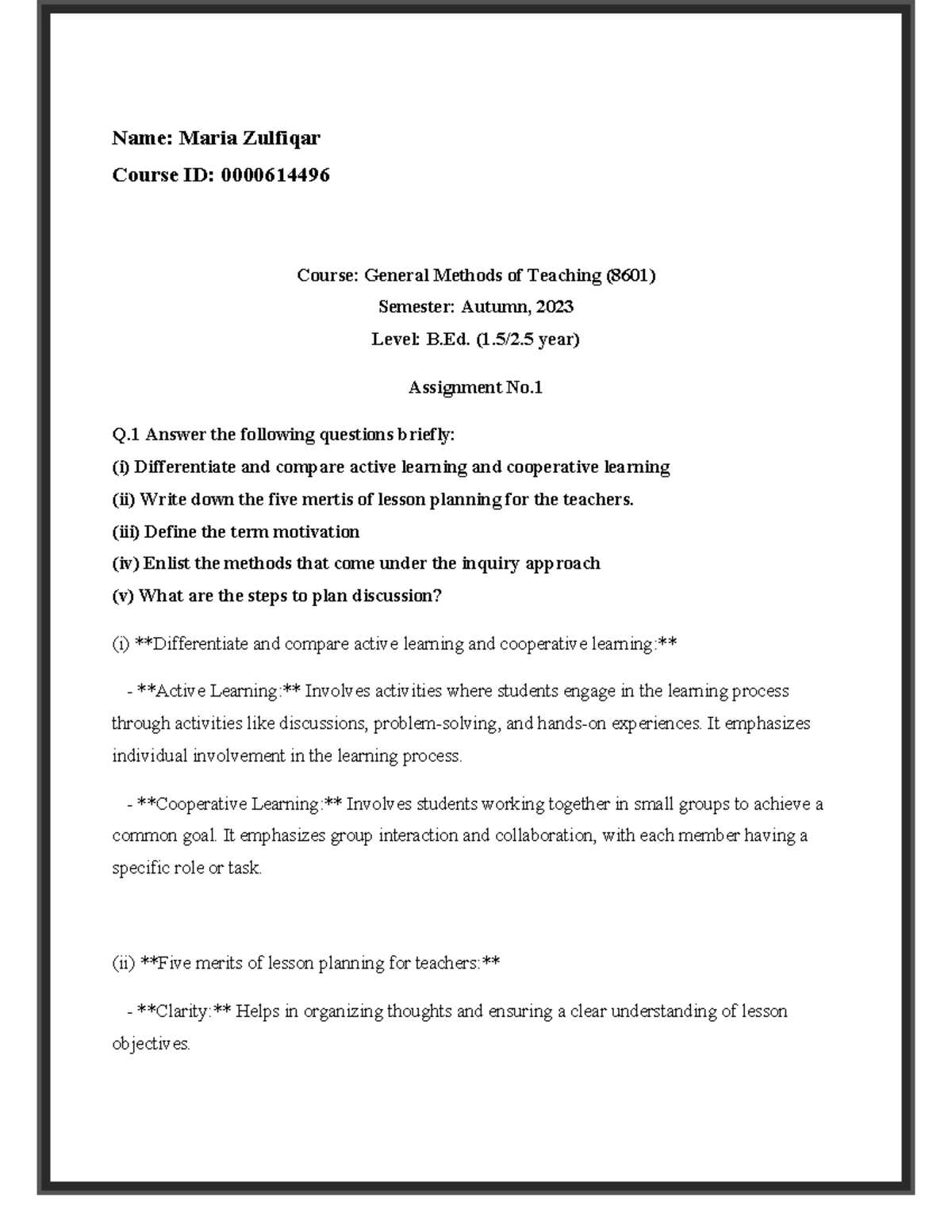 8601-1 - Name: Maria Zulfiqar Course ID: 0000614496 Course: General Methods of Teaching (8601 ...