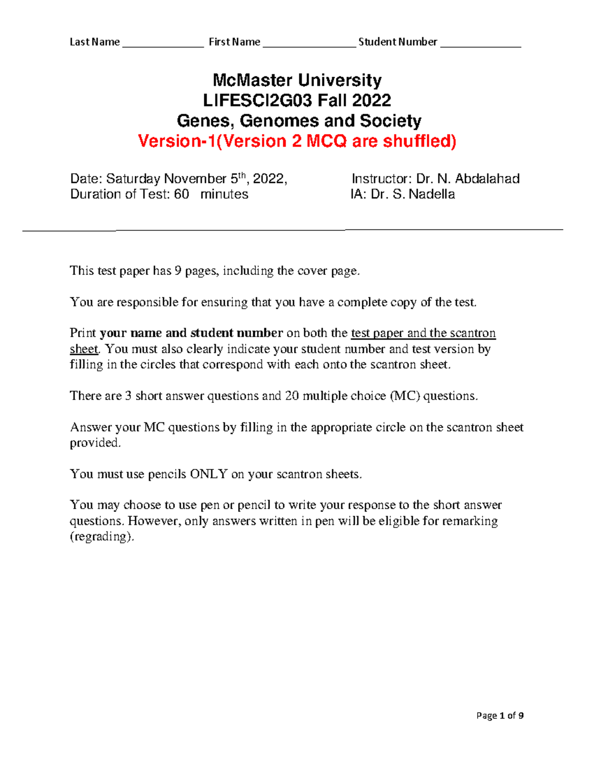 2022 LS2G03-Term Test II-Answer Key - McMaster University LIFESCI2G03 ...