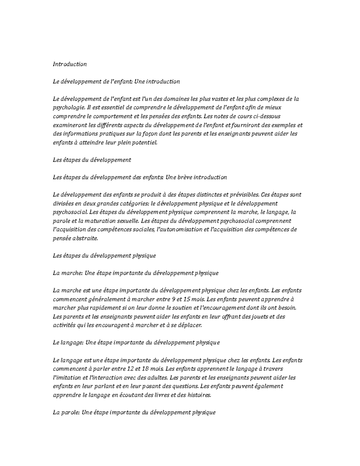 Child Development Study Notes - Introduction Le développement de l ...