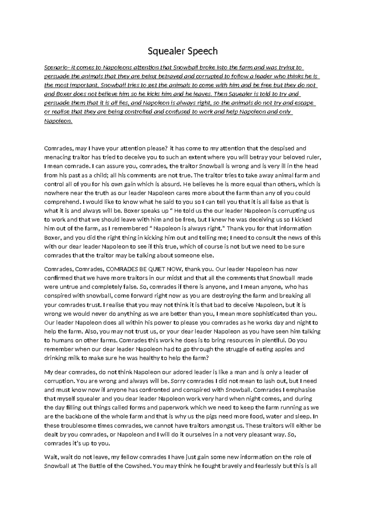 JW Squealer Speech feedback - Squealer Speech Scenario- It comes to ...