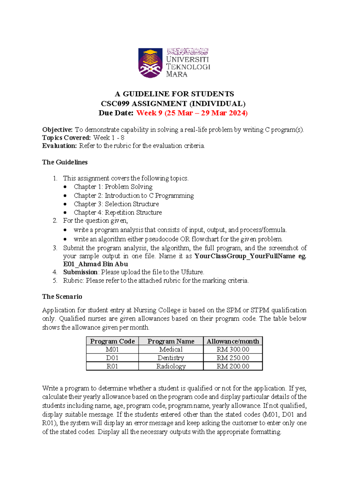 CSC099 Individual Assignment 2024 - A GUIDELINE FOR STUDENTS CSC099 ASSIGNMENT (INDIVIDUAL) Due ...