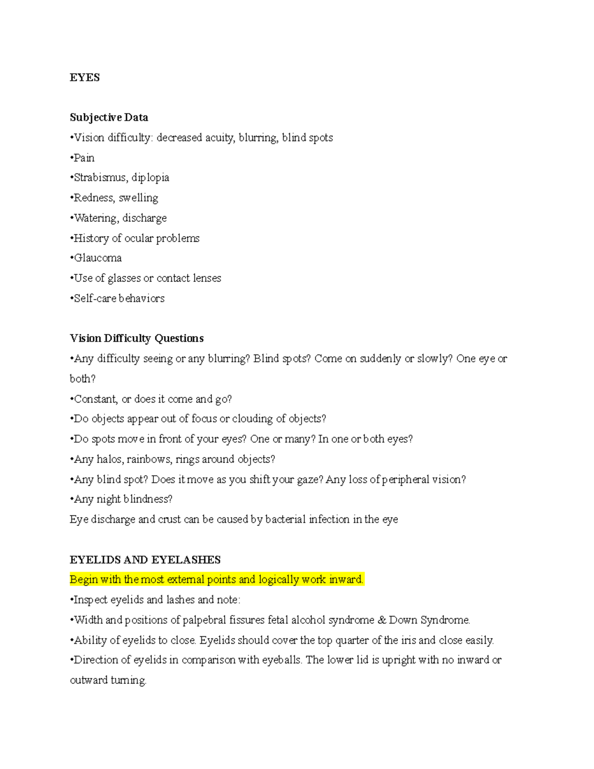 HA week 8 - health assessment lecture notes - EYES Subjective Data ...