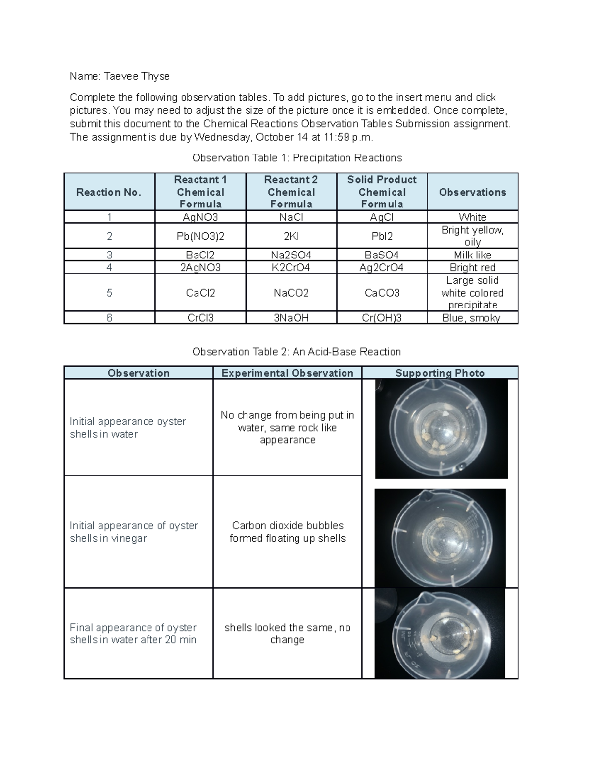 Module 7 - Chemical Reactions Observation Tables - Name: Taevee Thyse ...