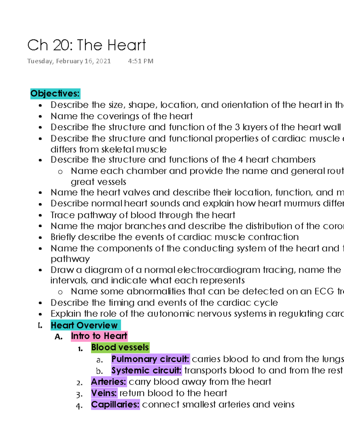 Ch 20: The Heart - Objectives: - Describe the size, shape, location ...