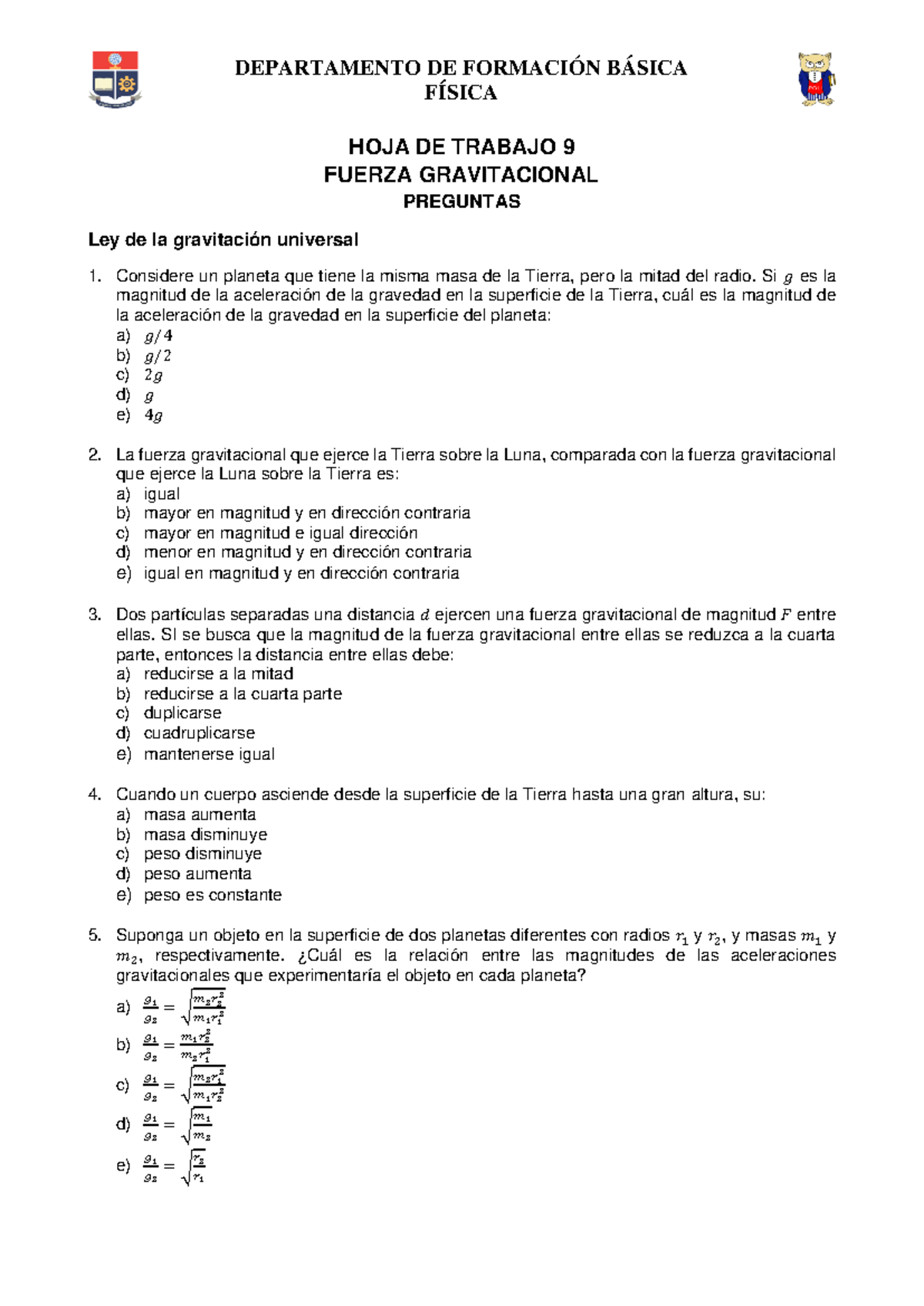 Hoja de trabajo 12 - Fuerza gravitacional - DEPARTAMENTO DE FORMACIÓN ...
