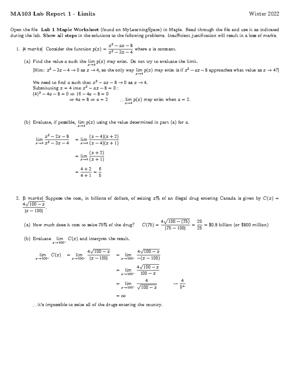 103lab1solns W 22 1pm - MA103 Lab Report 1 - Limits Winter 2022 Open ...