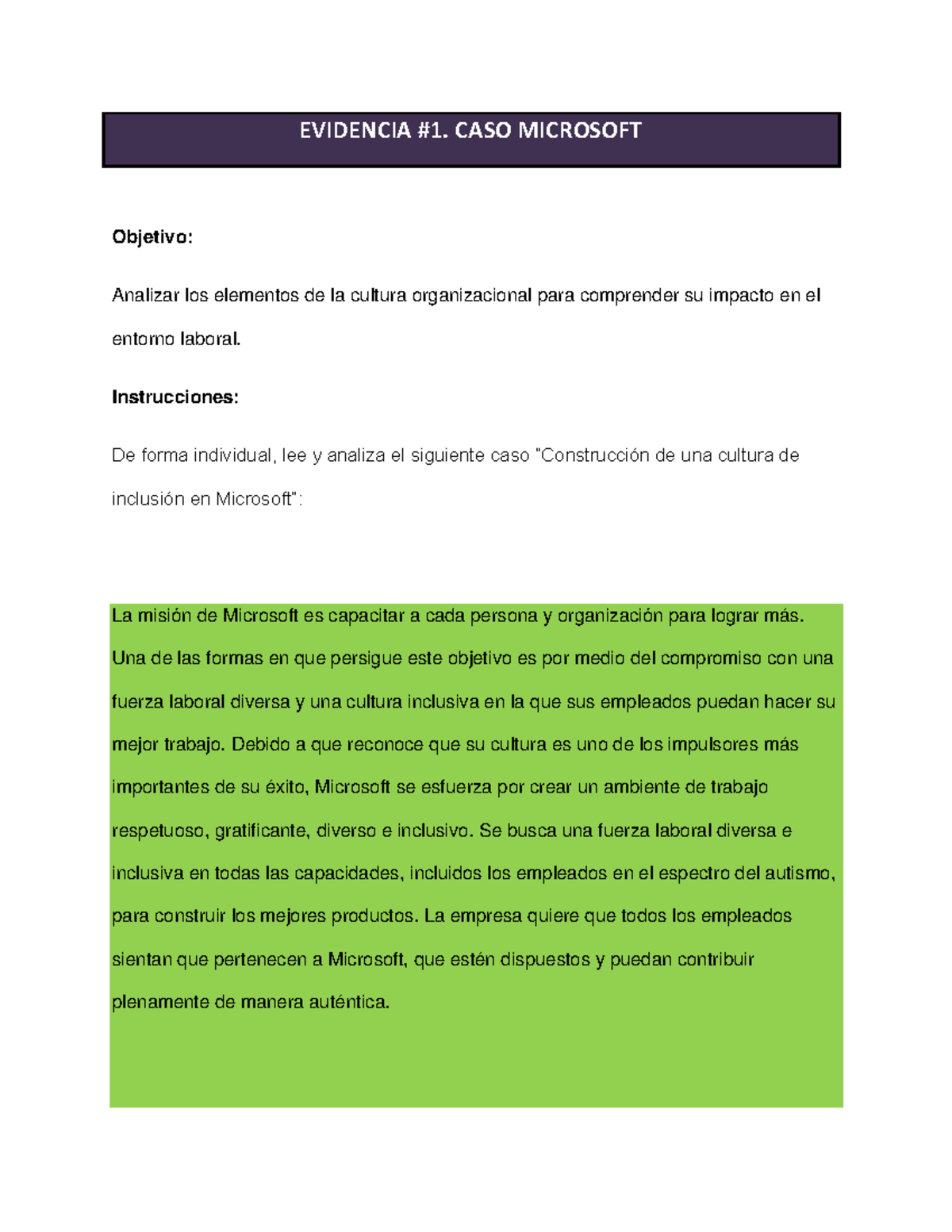 Evidencia #1 - juhhhhh - EVIDENCIA #1. CASO MICROSOFT Objetivo: Analizar los elementos de la ...