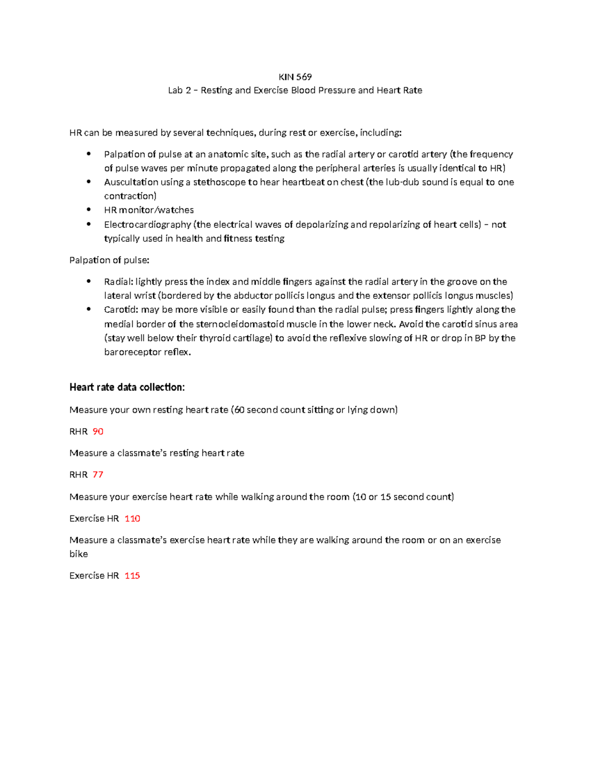 KIN569 Lab 2 Completed - lab 2 - KIN 569 Lab 2 – Resting and Exercise ...